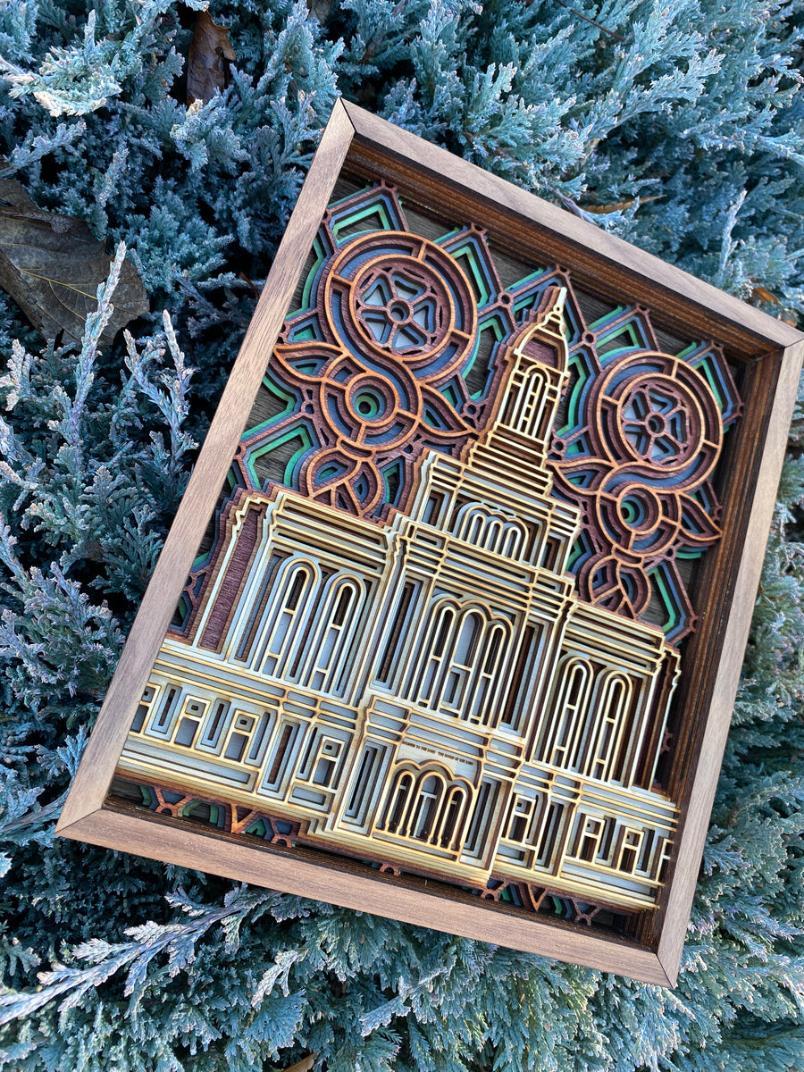 Deseret Peak Utah Temple Layered Wood Plaque – W.K. Wilson